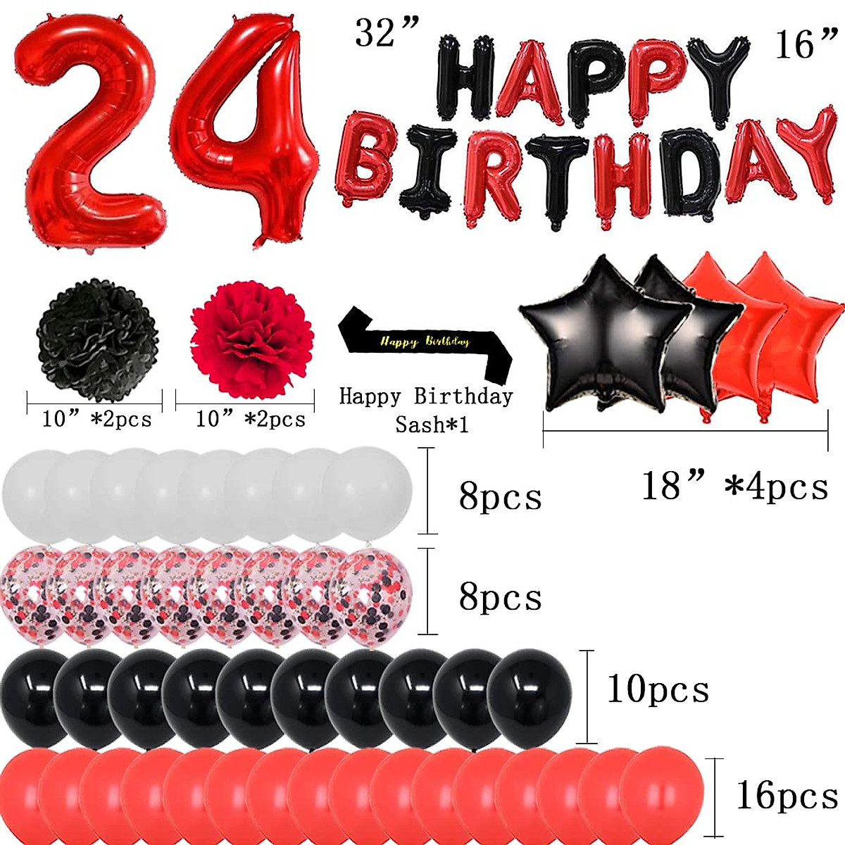 yujiaonly 24th Birthday Party Decorations-Happy Birthday Foil Ballons Banner Red Number 24 Happy Birthday Sash Latex Balloons Perfect for 24 Years Old Party Supplies Balloons Number 24 Red