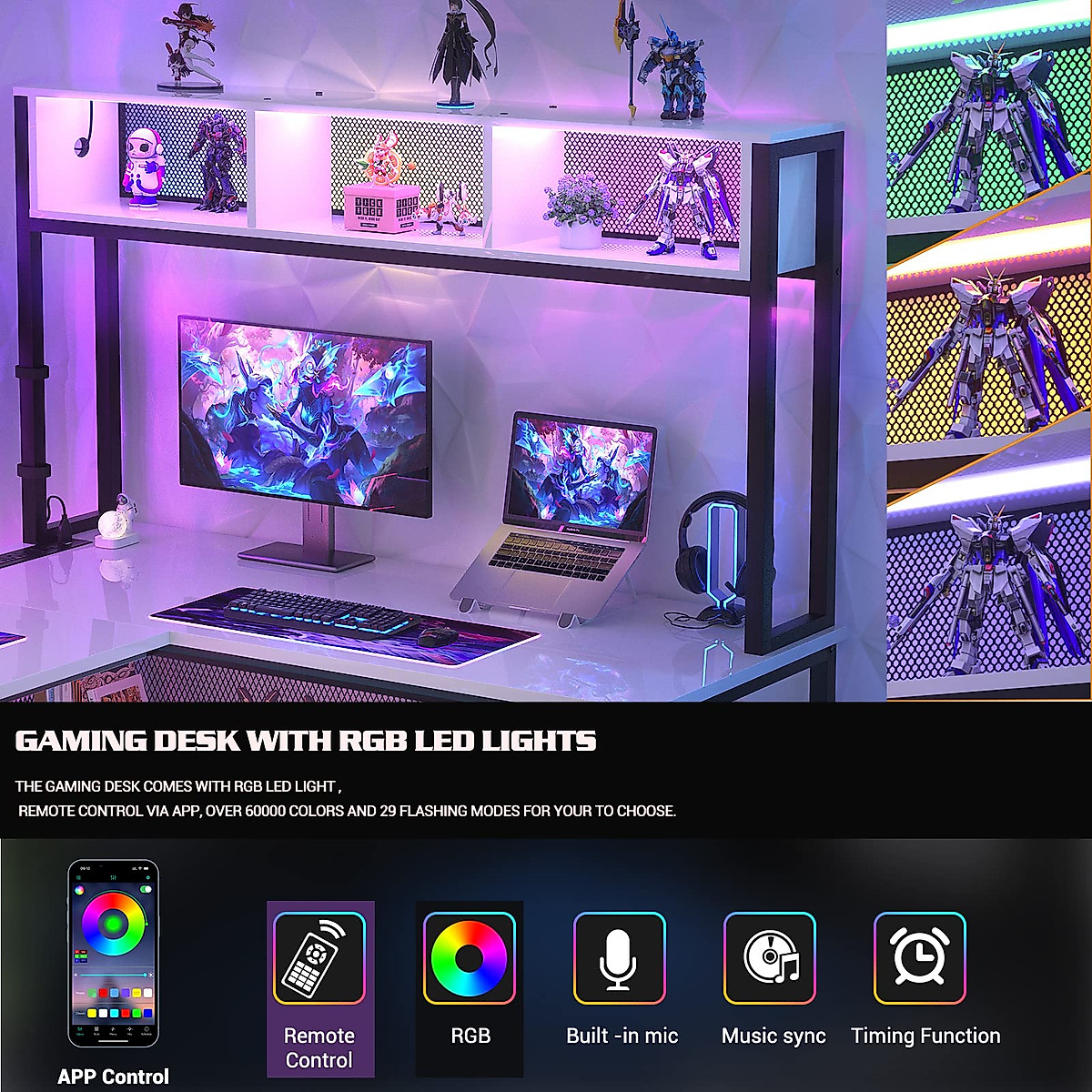 Unikito L Shaped Computer Desk with LED Strip and Power Outlets, Storage Shelves and Bag, Industrial Reversible Gaming Table Writing Corner Desk for Home Office Workstation, White