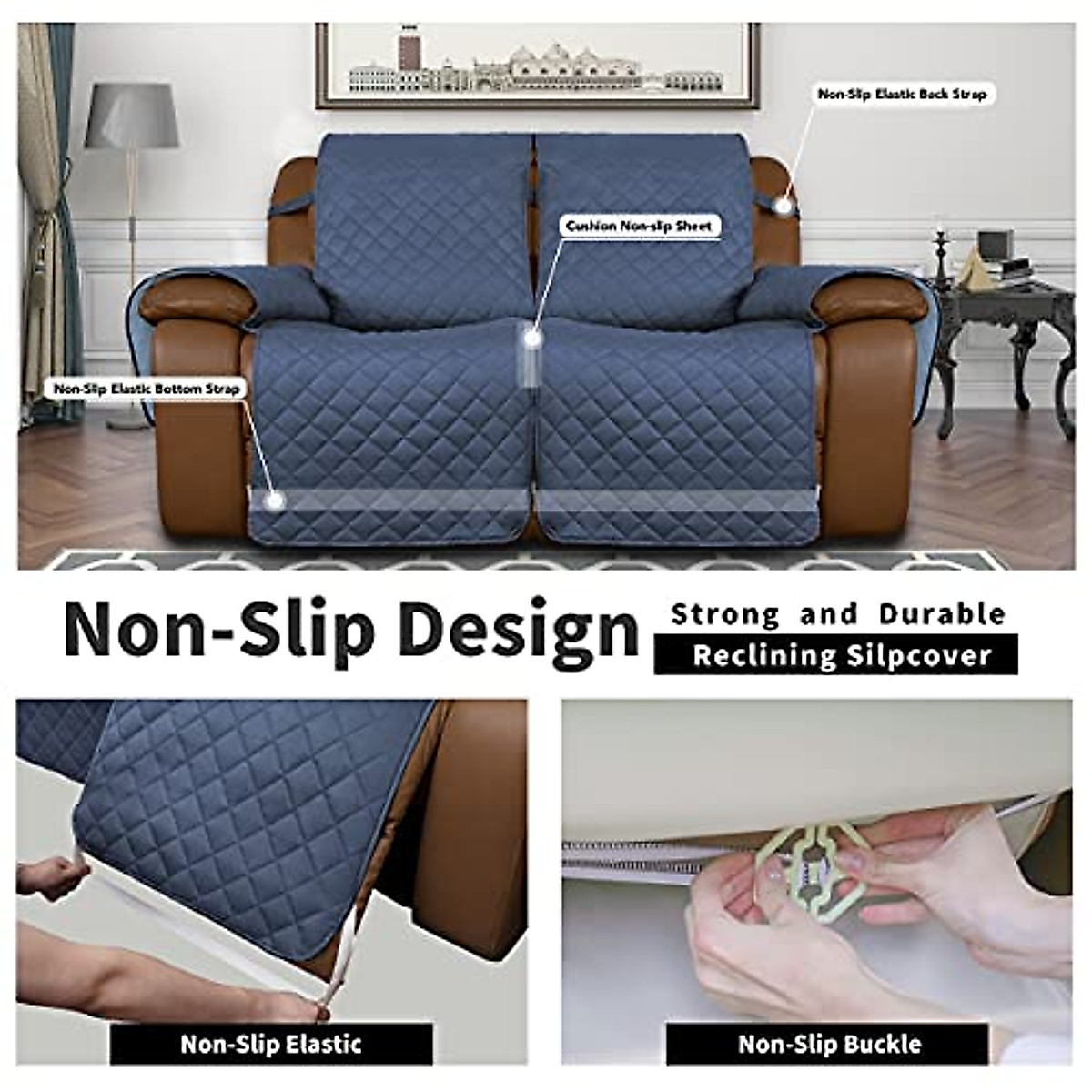 Easy-Going Recliner Sofa Cover, Reversible Couch Cover for Double Recliner, Split Sofa Cover for Each Seat, Furniture Protector with Elastic Strap for Kids, Dogs, Pets(2 Seater, Dark Blue/Light Blue)
