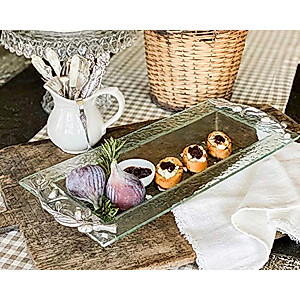 Arthur Court Glass Oblong Cheese Serving Tray with Meta Olive Handles Branch 17.5 inch x 7 inch