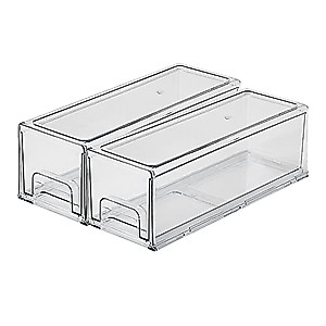 2 Pack Stackable Refrigerator Organizer Bins with Pull-out Drawer Clear Plastic Kitchen Storage Box for Fridge and Cabinets, 4.7" x 13.2" x 4.3"