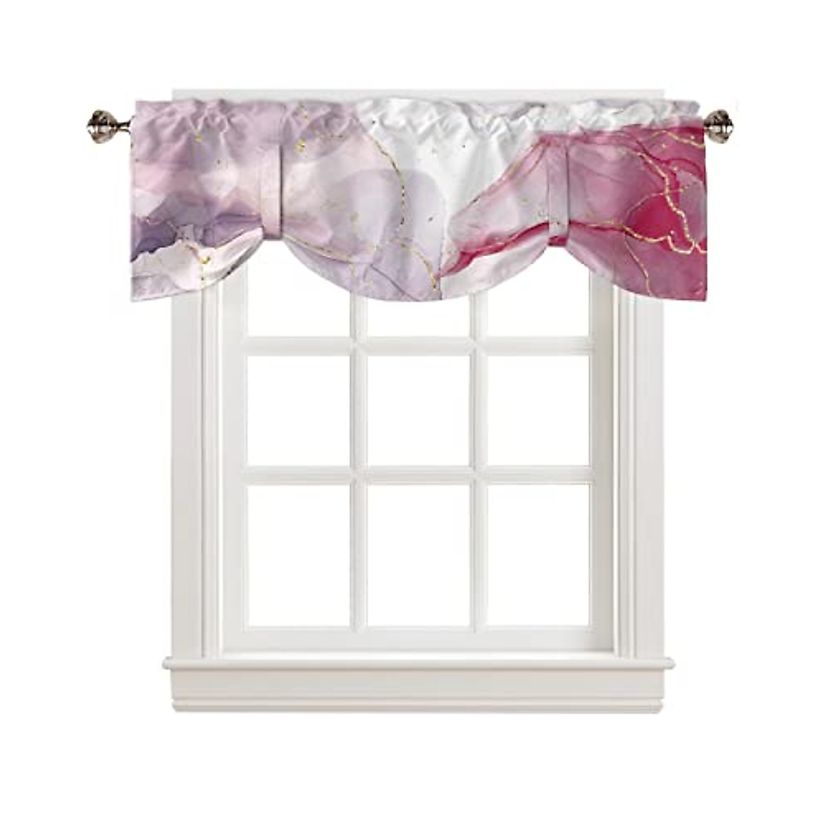 Tie Up Valance for Kitchen Windows, Abstract Marble Agate Texture Tie-up Curtain Shade Valances 42"x12" Rod Pocket Short Curtains Window Treatment for Living Room Pastel Theme Pink Purple White Gold