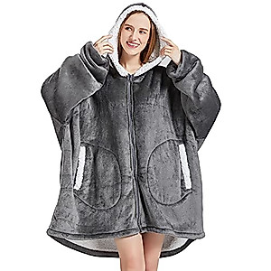 FAYBOX Wearable Blanket Hoodie with Zip for Women Men, Fuzzy Warm Sherpa Comfy Oversized Hoodie Blanket Plush Sweatshirt with Giant Pocket One Size Fits All-Dark Grey
