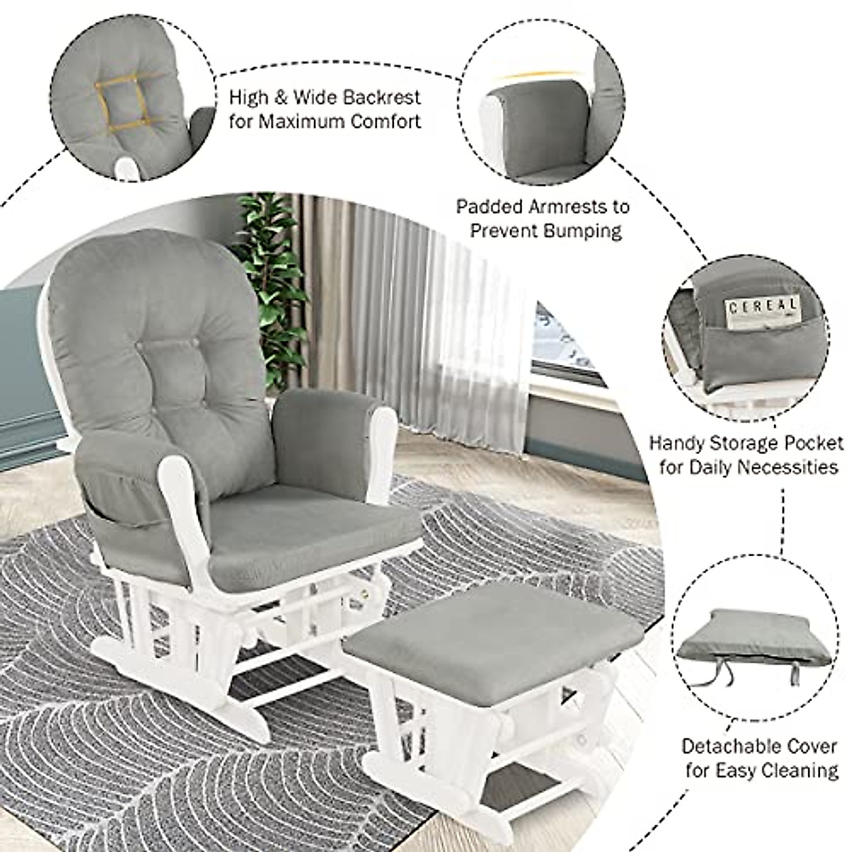 Costzon Glider and Ottoman Set, Wood Glider Rocker for Nursery, Upholstered Comfort Nursing Rocking Chair with Storage Pocket, Padded Armrests & Detachable Cushion, Easy to Assemble (Light Gray)