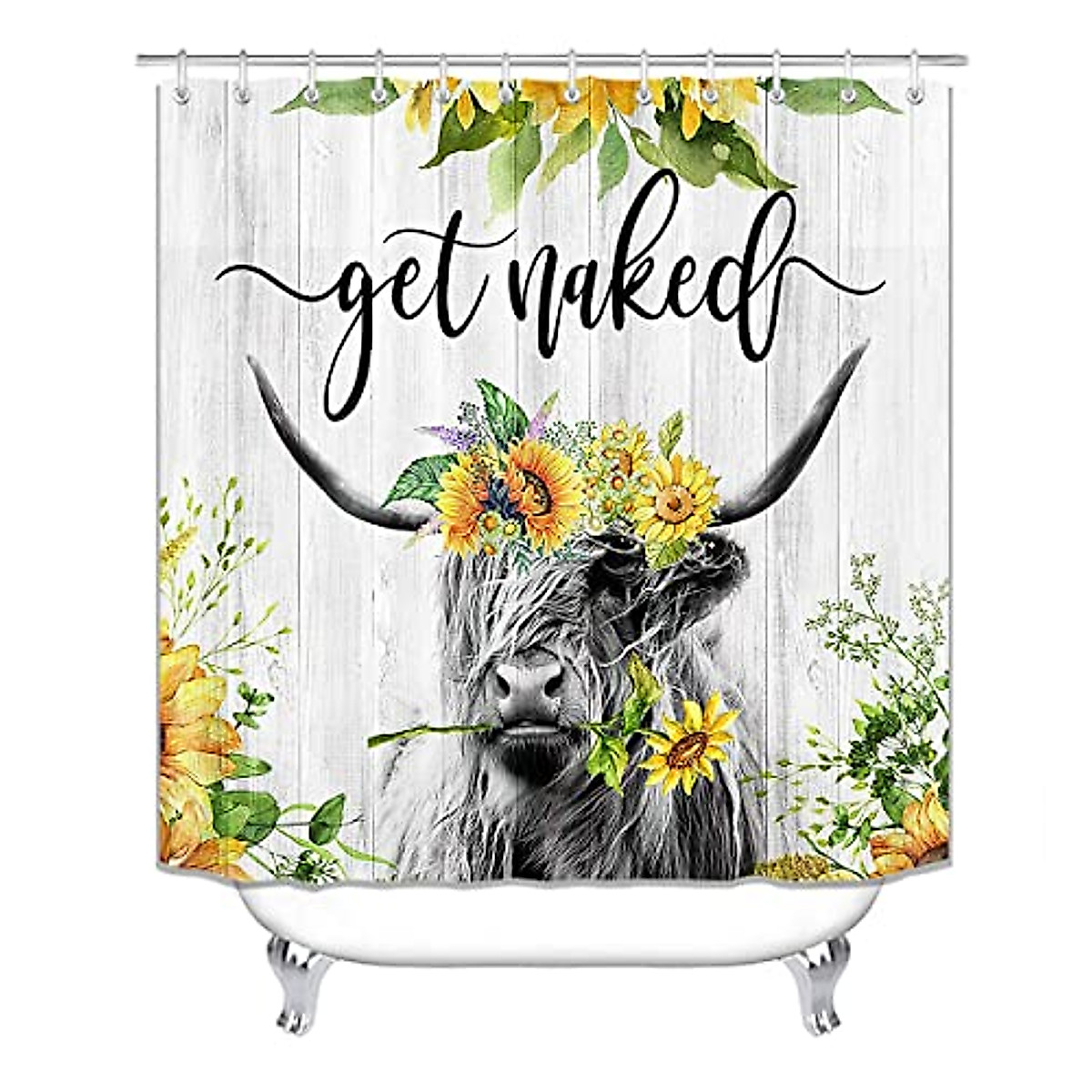 JAYDEN MADGE MAKE YOUR HOME SWEETER Jayden Madge 4PCS Highland Cow Shower Curtain Set with Rugs, Get Naked Watercolor Yellow Floral Botanical Country Western Farm Ani JM-IT010 0