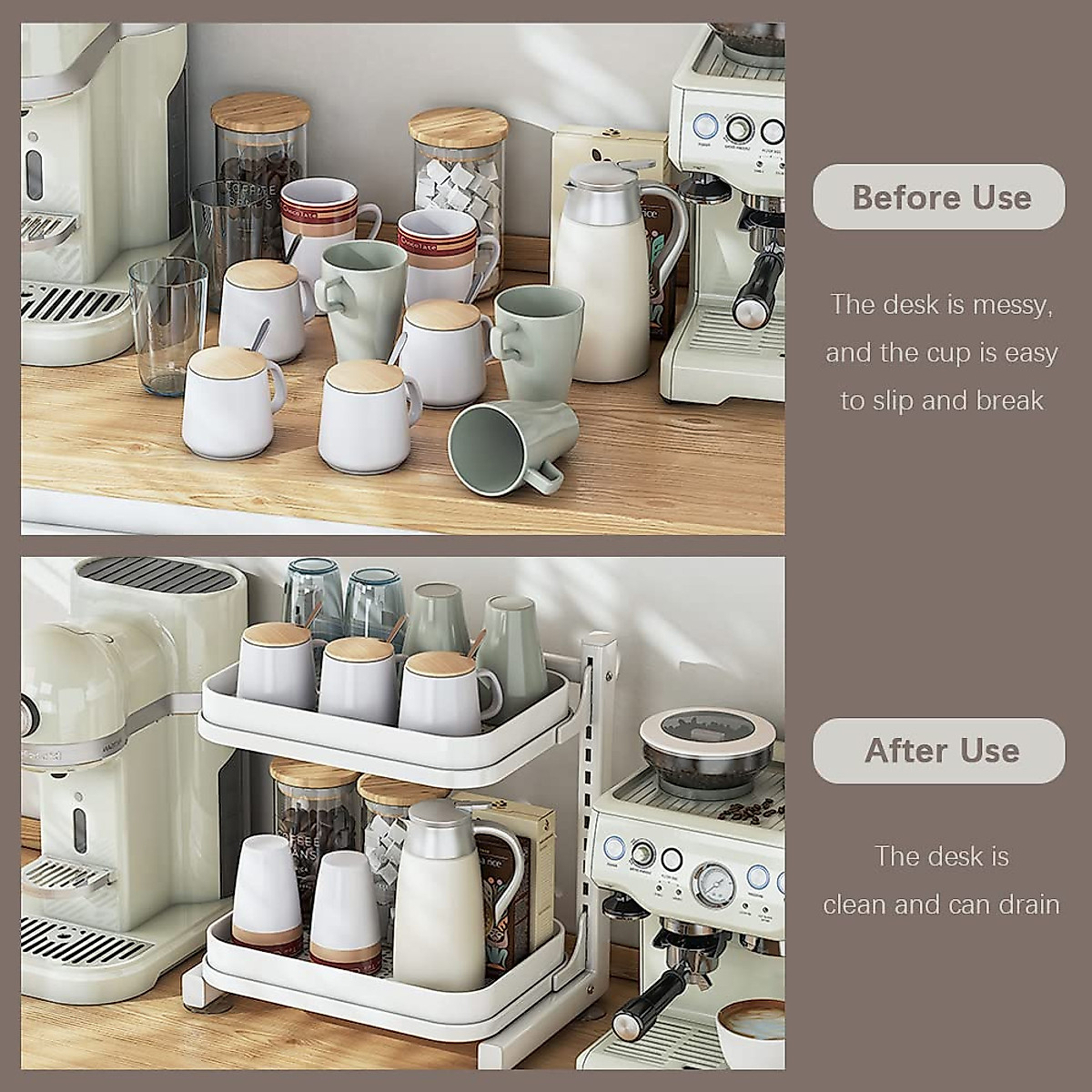 A.B Crew Adjustable 2-Tier Cups Mugs Drying Rack with Drain Tray Cups and Mugs Storage Organizer Coffee Cup Storage Shelf for Kitchen Countertop Decoration White