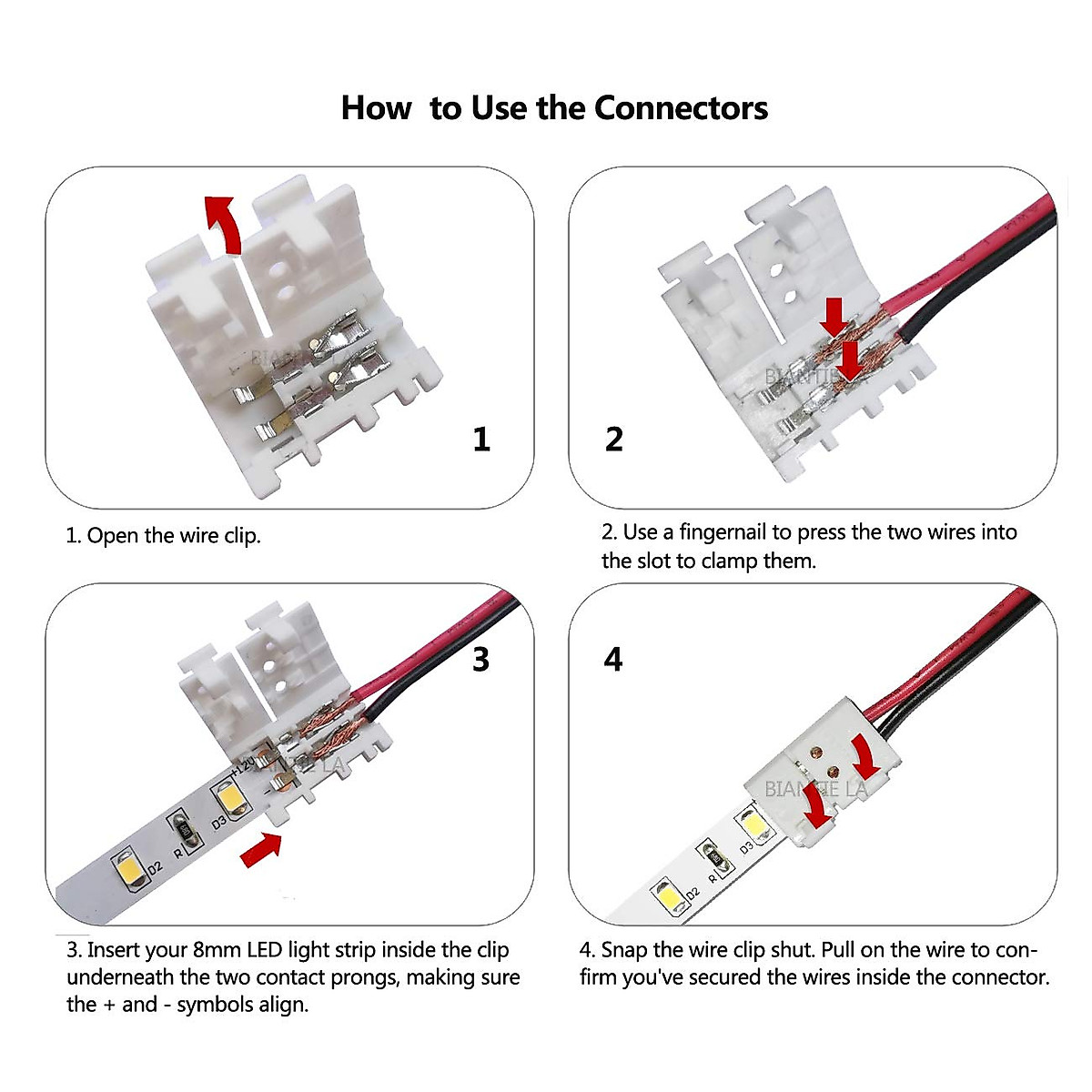 Biantie La 3528 2835 2 Pin 8mm LED Strip Connector Unwired Clips - DIY Strip to Wire Quick Solderless Connection for 12v 24v Single Color Led Strip Lights (Pack of 10)