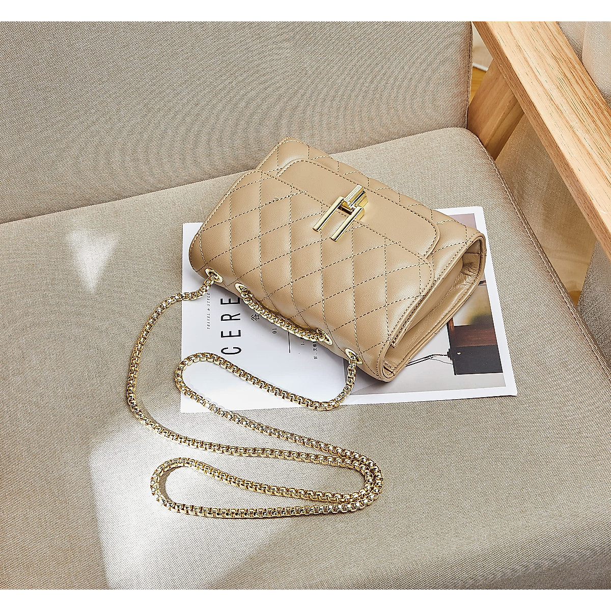 Plergi Small Genuine Leather Crossbody Quilted Flap Handbag with Chain Strap for Women Lightweight Cellphone Bag