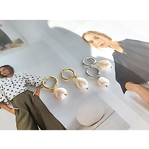 Small Pearl Huggie Hoop Earrings with Dangle for Women, Sterling Silver Drop Huggie Earring with Charm for Everyday