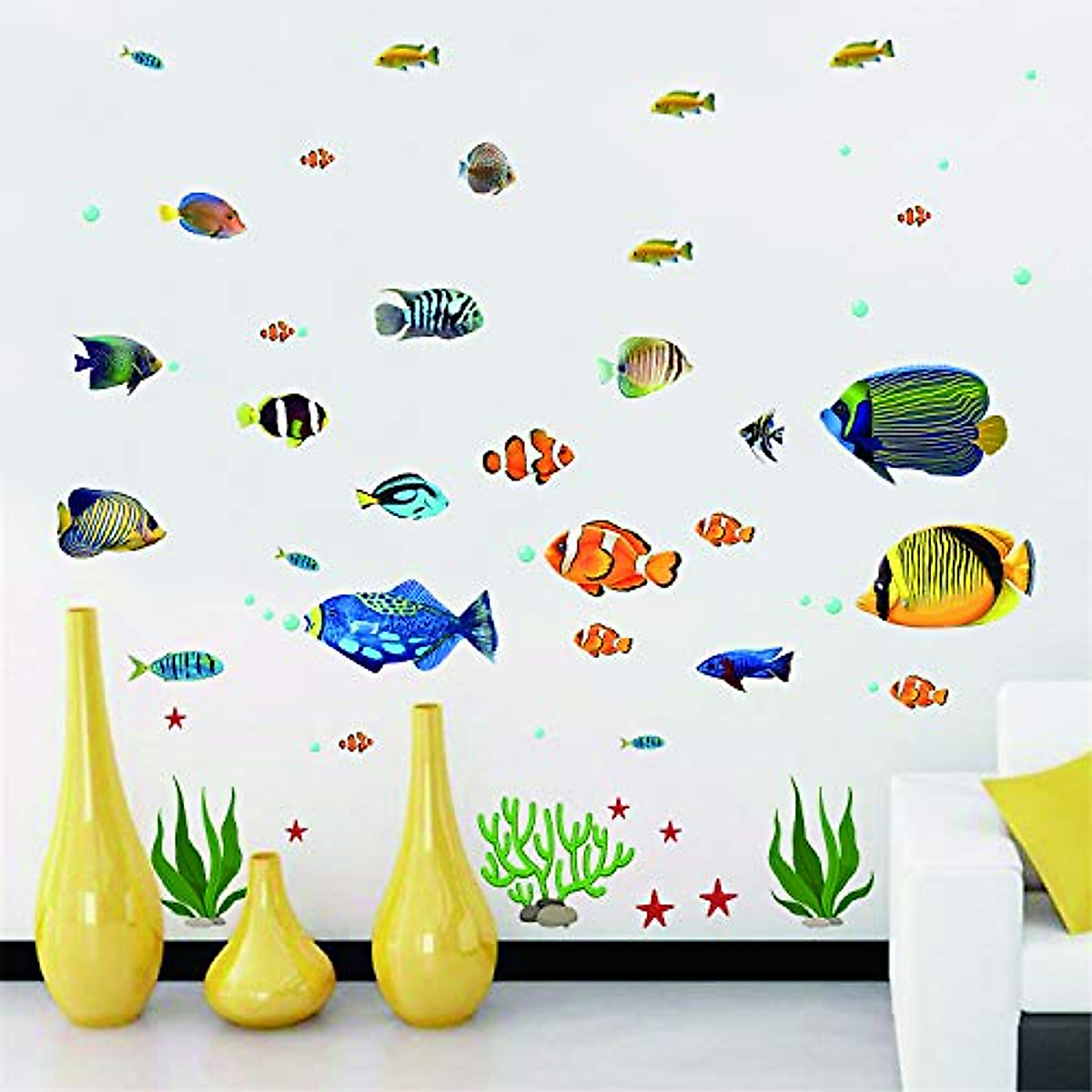 Fish Wall Stickers Under The Sea Decorative Wall Decals Coral Reef Fish Wall Stickers Peel and Stick Starfish Wall Art Sticker Decals for Kids Nursery Bedroom Living Room