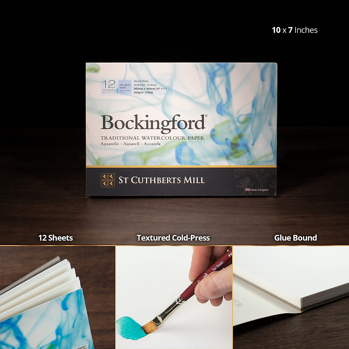 St. Cuthberts Mill Bockingford Watercolor Paper Pad - 10x7-inch White Water Color Paper for Artists - 12 Sheets of 140lb Cold Press Watercolor Paper for Gouache Ink Acrylic Charcoal and More