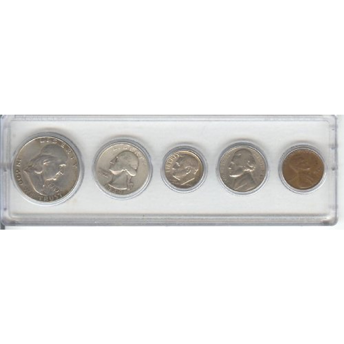 1949 BIRTH YEAR COIN SET, 5 COINS TOTAL-, SILVER HALF DOLLAR, SILVER QUARTER, SILVER DIME, NICKEL, CENT-, ALL DATED 1949 AND DISPLAYED IN A PLASTIC HOLDER--NOTE-- THESE COINS WILL BE AS GOOD OR BETTER THEN THE PICTURE--NOTHING LESS