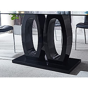 Modern Dining Table for 6, 63" Dining Room Table with Glass Top Dining Table with Black Wood Support,Glass Kitchen Table/Dinner Table for 4-6 People