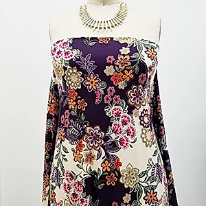 Texco Inc Jacobean Printed Poly Spandex Floral Tropical DTY Brushed Stretch Fabric, Eggplant Gold 3 Yards