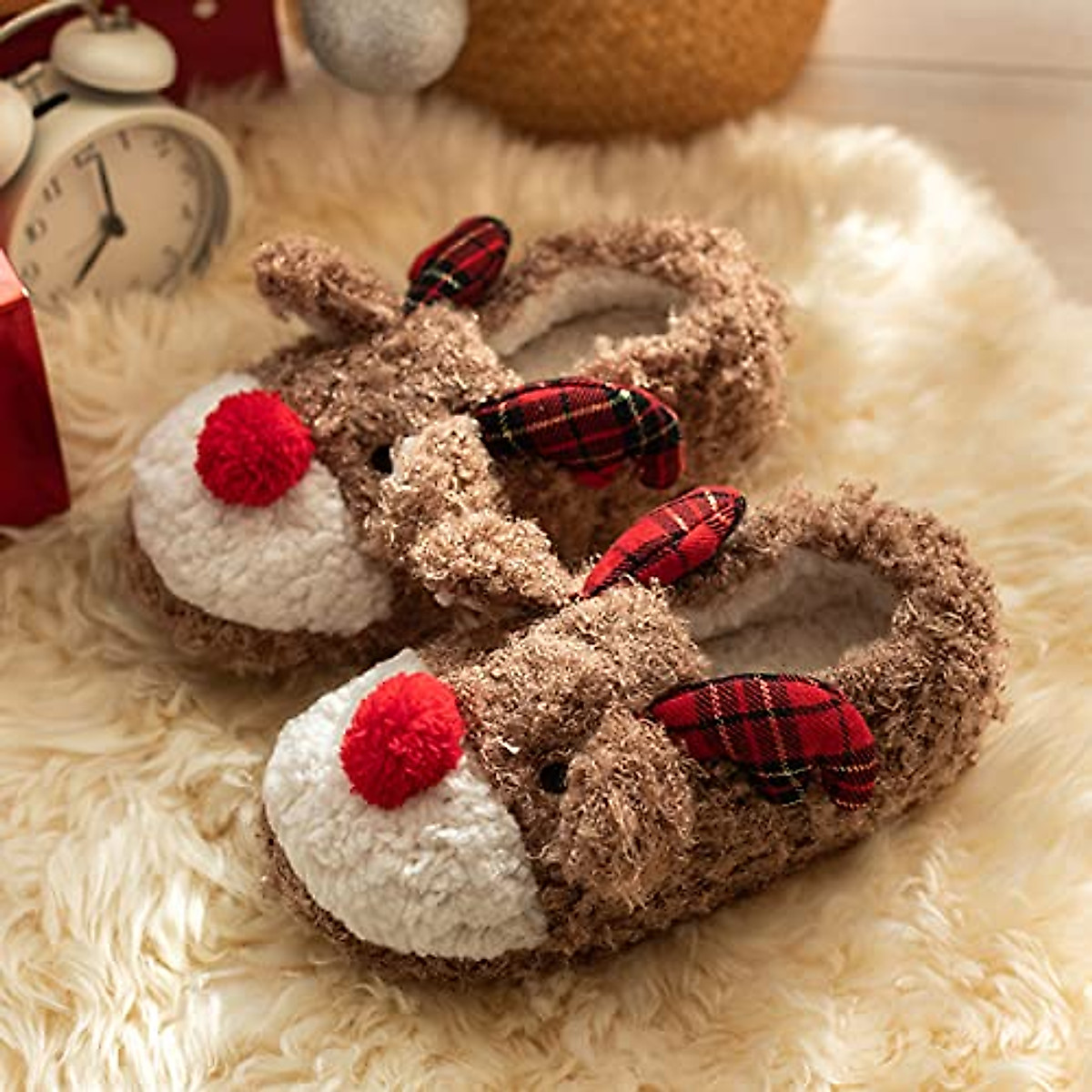 Nixlepus Women's Reindeer Slippers Bedroom House Animal Slipper Cozy Furry Christmas Red Nose Reindeer Rudolph Winter (Size EU 39/US 9/UK 7)