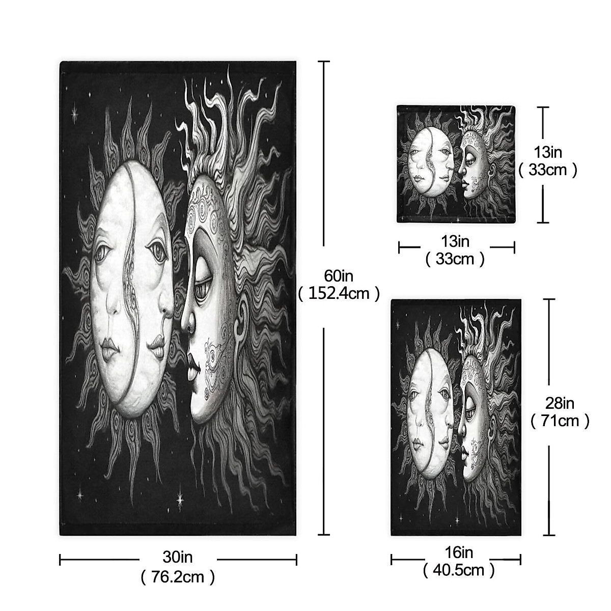 Flradish Sun and Moon Towels 3 Pack Bath Towels for Bathroom Set Soft Cotton Highly Absorbent Lightweight & Quickdry Towel Set 1 Bath Towel,1 Hand Towel,1 Washclothe