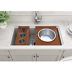 BOCCHI Wood Board with 2 Round Stainless Steel Bowls & Knife Holder F/1344, 1348, 1360, 1362, 1504, 1505, 1506 (short side only), 1627, 1628