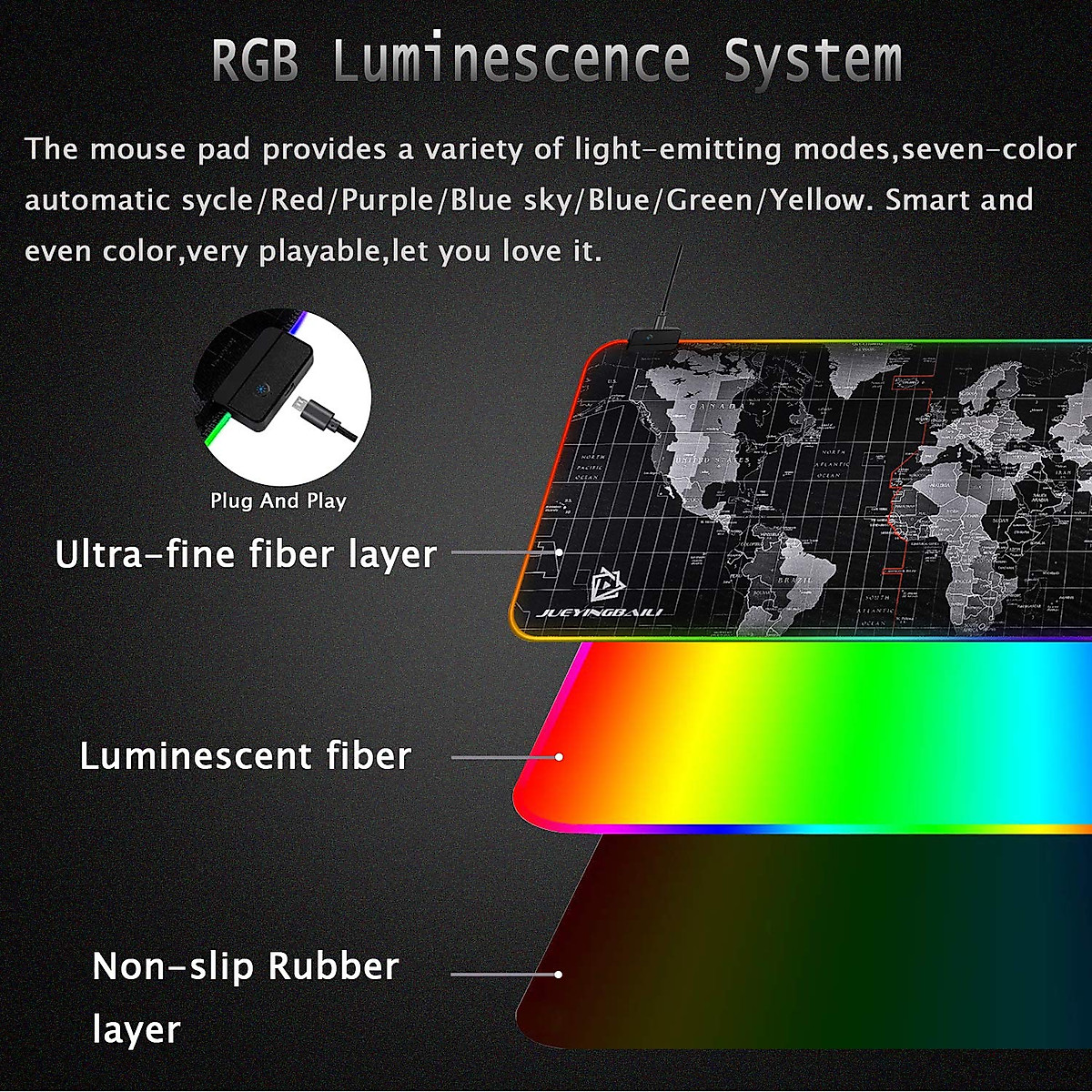 JYZZ RGB Gaming Mouse Pad - Large Led Keyboard Pad, Mouse Mat with HD Map, Smoothly Waterproof Surface, Non-Slip Rubber Base, 31.5"" X 11.8"" & 14 Light Modes