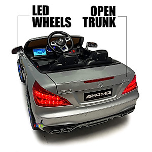 Americas Toys Kids Car with Remote Control, Mp4 Touch Screen, LED Wheels, Leather Seat – Electric Car for Kid to Drive, Open Trunk, Pull Handle, Compatible with Mercedes Benz Painted Silver