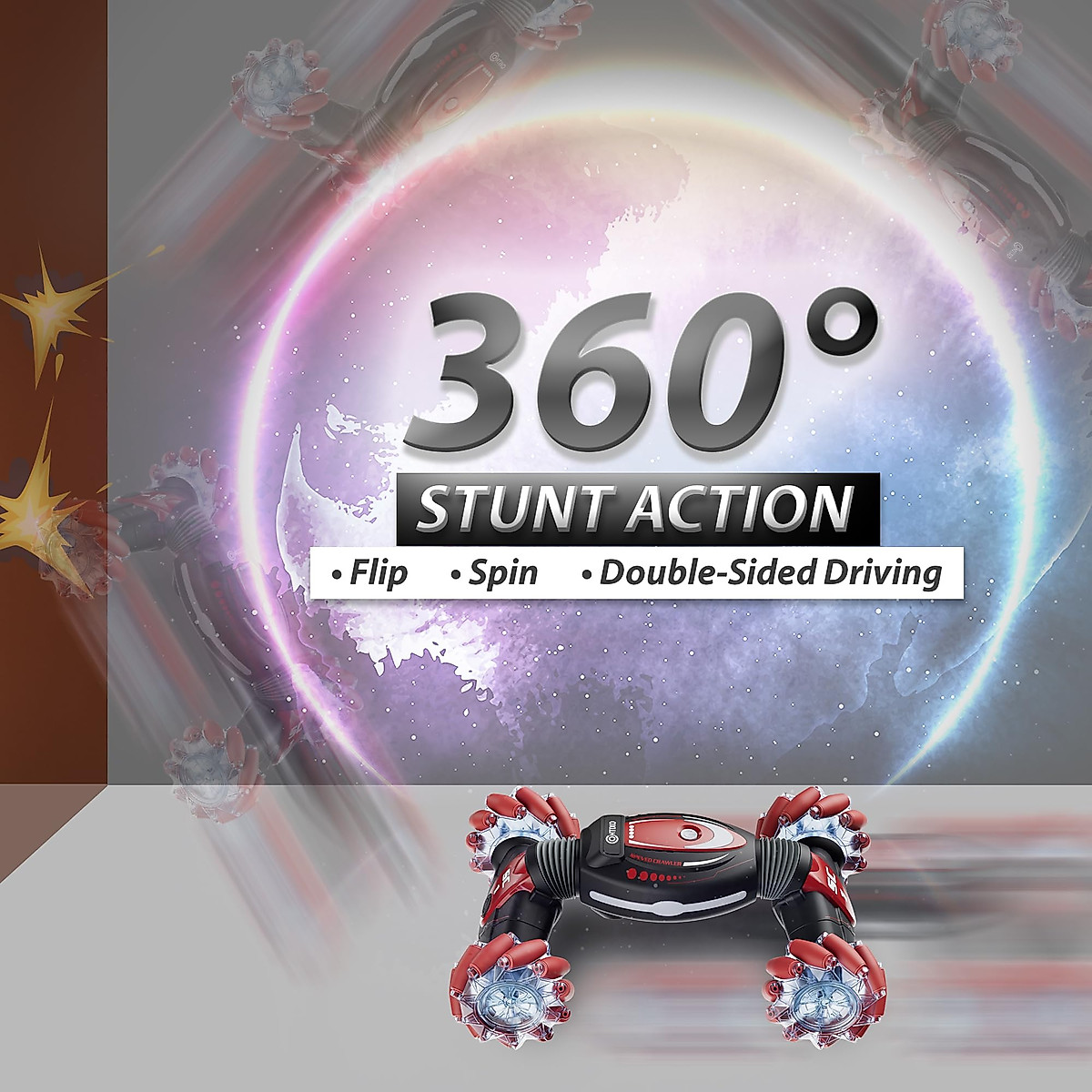 Contixo SC1 All Terrain Speed Crawler RC Stunt Car, 4WD 2.4GHz Remote Control Car, Gesture Sensor Toy Cars, Double Sided Rotating 360° Flip Offroad Vehicle with Lights Music, Kids Toy Cars, Red