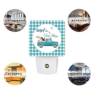 Night Lights Auto Sensor Truck With Dog Plug-in LED Nightlights Dusk to Dawn for Living Room, Bedroom, Bathroom, Kitchen, Hallway, Stairways, Butterfly Flower Teal Green Buffalo Check Plaid