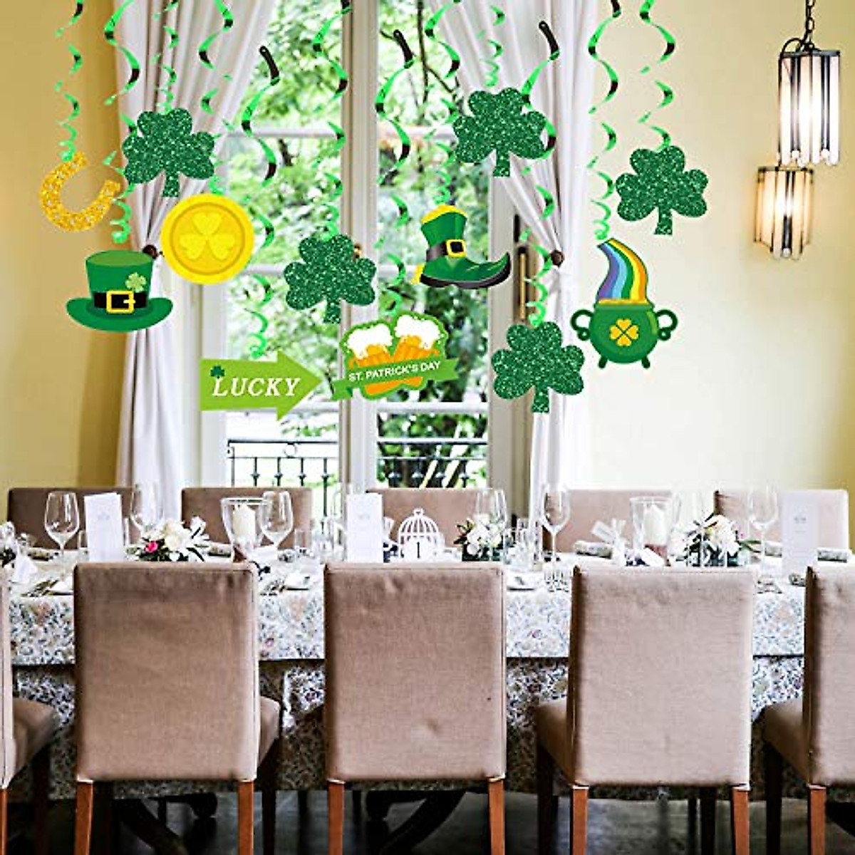 St Patricks Day Hanging Decoration - Lucky Green Banners and Spiral Ornaments,Three Leaf Shamrock Clover Irish Party Supplies