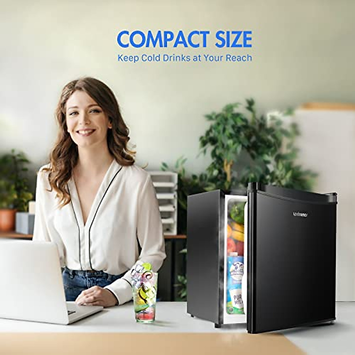 Upstreman 1.7 Cu.ft Mini Fridge with Freezer, Adjustable Thermostat, Energy Saving, Low Noise, Single Door Compact Refrigerator for Dorm, Office, Bedroom, Black-FR17