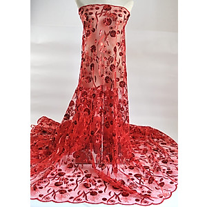 SanVera17 African Fabric 3D Sequins Net Fabrics Nigerian Embroidered Lace Fabric for Party Dress (Red) 5 Yards