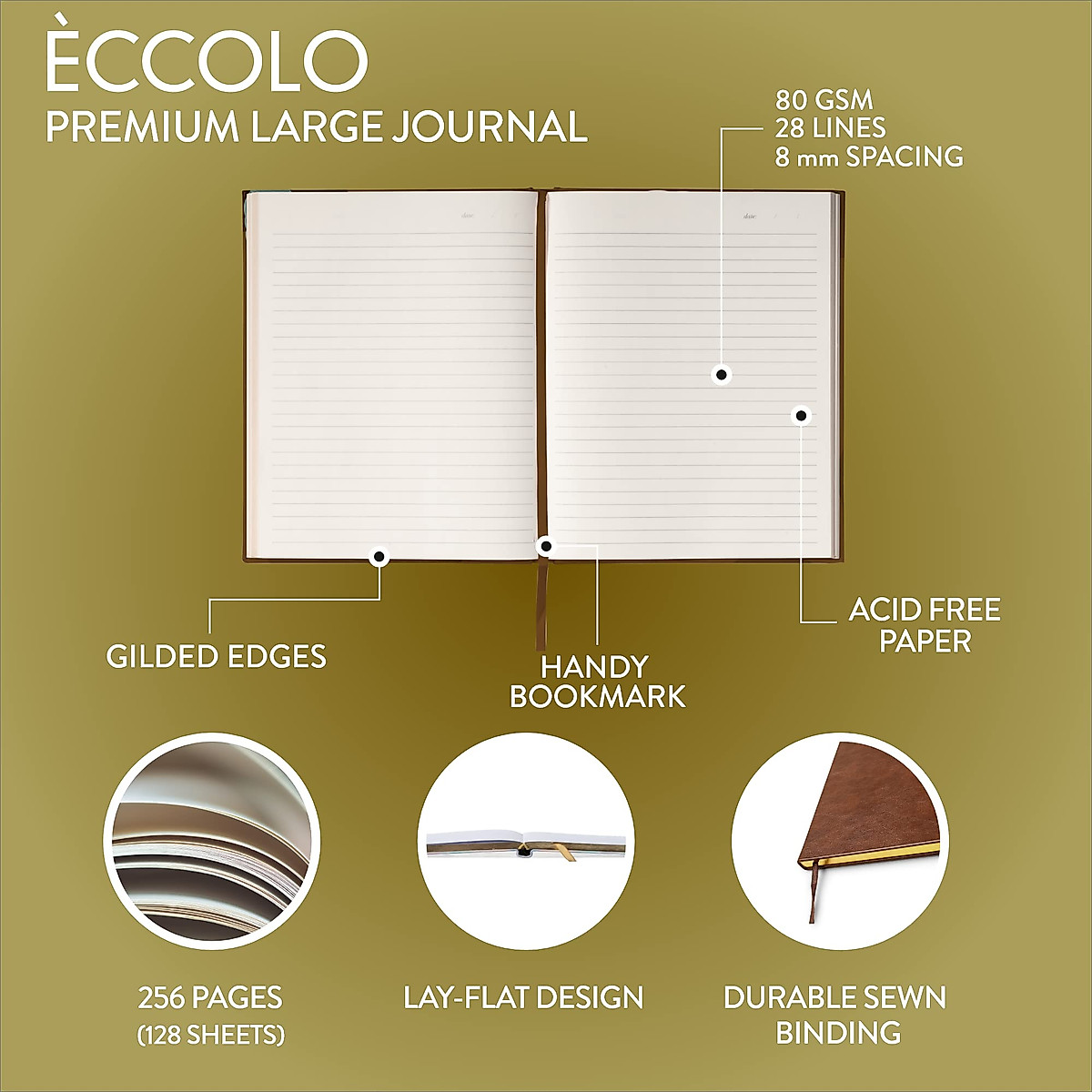 Eccolo Large Lined Journal Notebook, Hardbound Cover, Writing Journal, 256 Ruled Ivory Pages, Gilded Edge, Ribbon Bookmark, Lay Flat, Desk Size for Work or School (Brown Leatherette, 8x10 inches)
