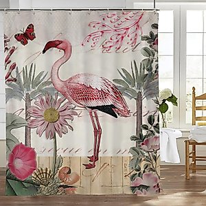 Yerretin Country Pink Flamingo Shower Curtain Vintage Botanical Floral Flower Shower Curtain Waterproof Fabric Rustic Bathroom Decor Curtain with Hooks 60"x72"