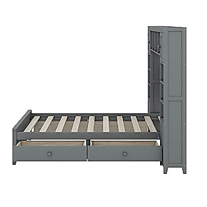 BEBPILOO Full Size Wooden Bed with All-in-One Cabinet and Shelf for Kids,Teens (Gray)