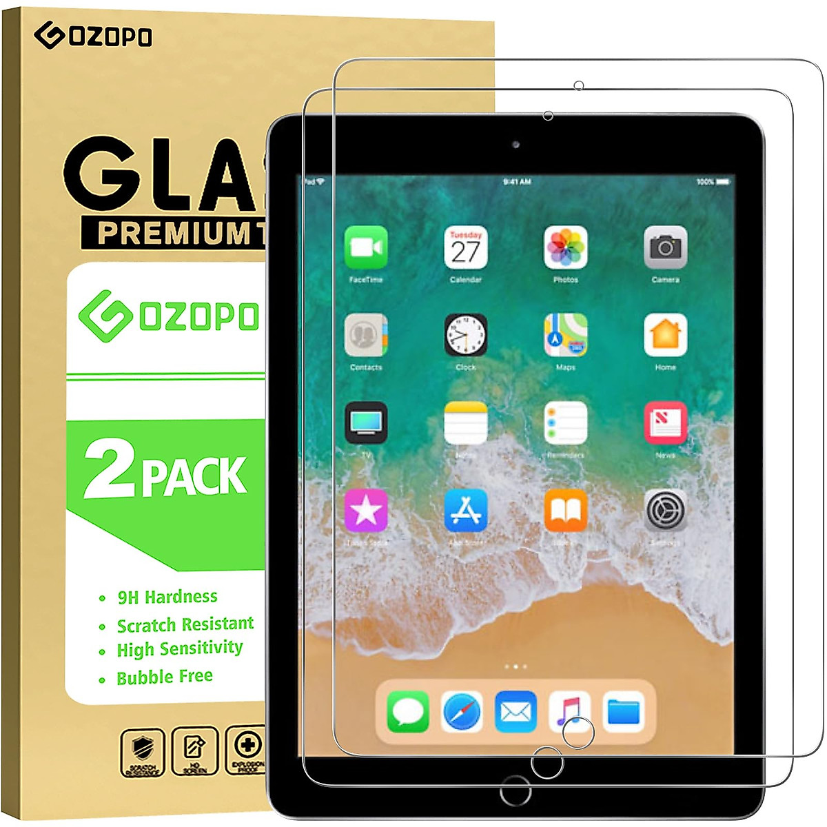GOZOPO 2-Pack Screen Protector For iPad 9.7 / iPad Air 1, 2, Pro 9.7 - Scratch Resistant Tempered Glass Film