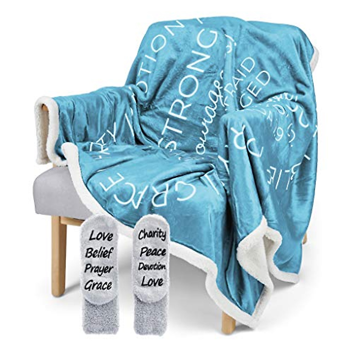 Bloom Enterprise Scripture Blanket - Religious Throw Blanket Makes Ideal Christian Gifts for Women - Prayer Blanket Has Bible Verse Joshua 1:9, Healing Blanket for Women & Christian Socks (Teal)