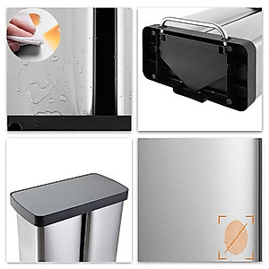 Arlopu 16 Gallon Dual Trash Can, 60L Stainless Steel Kitchen Garbage Can, Step-on Classified Recycle Garbage Bin with Removable Inner Buckets, for Kitchen, Living Room, Office, Silver (2x30L)