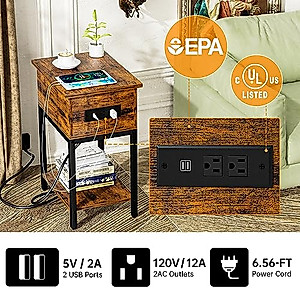 SZLHANJZ Nightstand with Charging Station, Narrow End Table with Storage Drawer, Wood & Metal Narrow Nightstand 2 Tier, Small Sofa Bed Side Table for Living Room Bedroom Dorm, Dark Brown