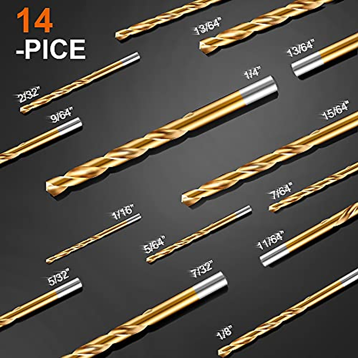 Luckyway 14-Piece Titanium Twist Drill Bit Set, 1/16"-1/4" HSS 4341 for Wood Plastic Aluminum Alloy Drilling