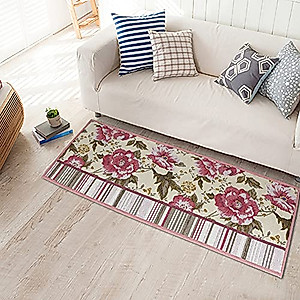 yazi Fabric Kitchen Mat Area Rug Red Striped Flower Non-Slip Rubber Backing Floomat,47x18 Inches