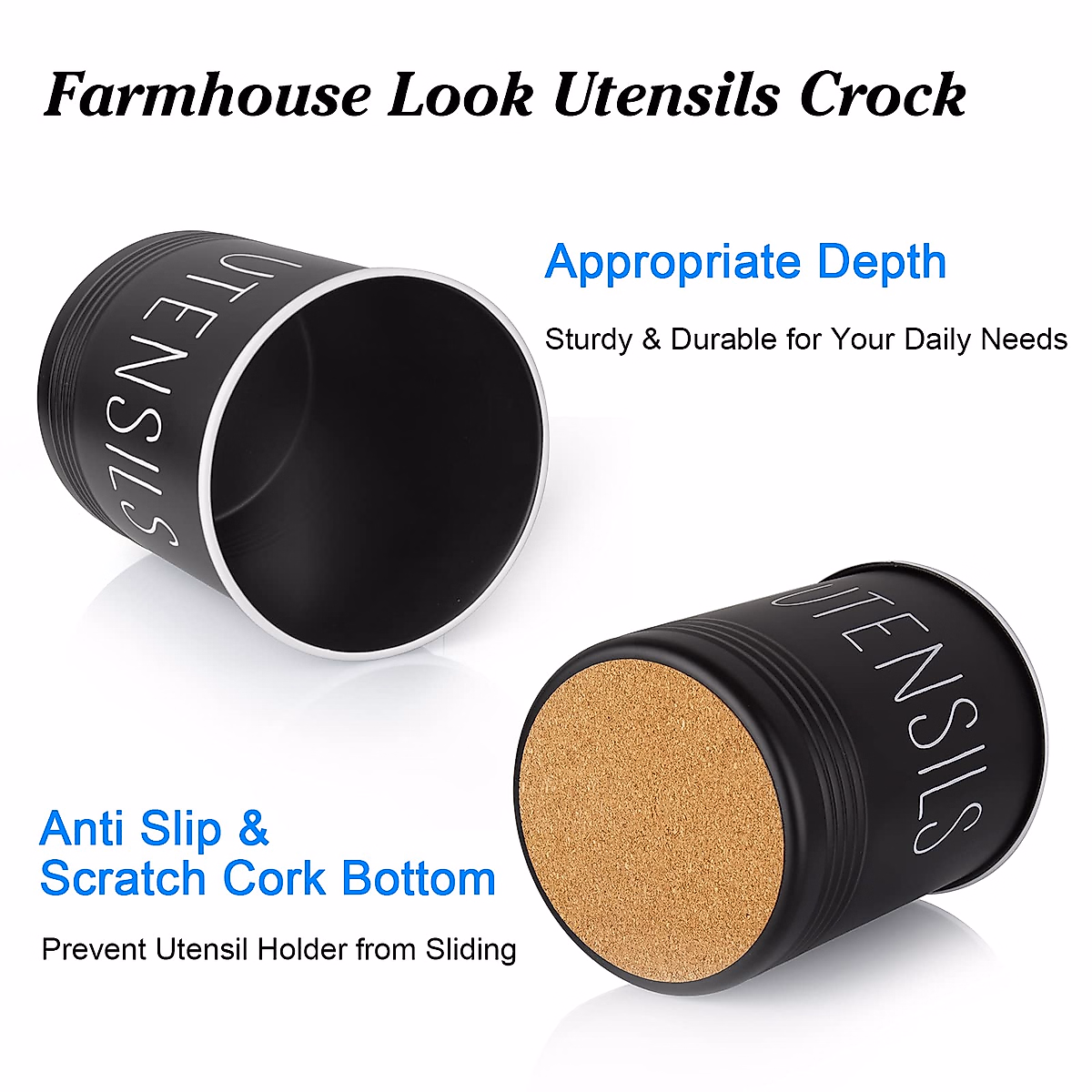 Farmhouse Utensil Holder, 6.7″Kitchen Utensil Holder for Kitchen Tools, Galvanized Steel Utensil Holder for Kitchen Counter, Utensil Caddy with Cork Bottom, for Kitchen Décor, Christmas Gift, Black