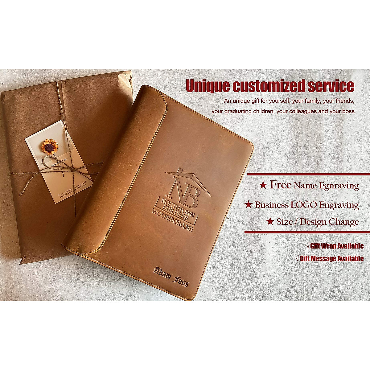 Free Name Engraved, Personalized Leather Portfolio Binder for Men, 3 Ring Binder Custom Padfolio Folder, Handmade Professional Business Organizer with Zipper, Gift for Men/Women, Customized, Brown