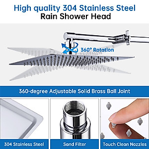 G-Promise Rain Shower Head with 13" Adjustable Extension Arm | High Pressure All Metal Rainfall Showerhead | 10" Luxury Modern Look Square Large Waterfall Showerhead (Chrome)