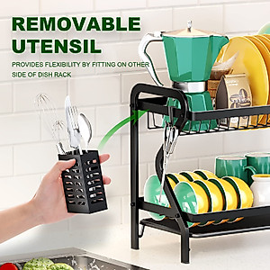 GAOKASE Dish Drying Rack with Drainboard, 2-Tier Black Dish Racks for Kitchen Counter,Dish Drainers with Removable Utensil Holder