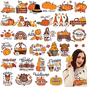 30 Sheets Fall Iron on Transfers for T Shirts Thanksgiving Pumpkin Iron on Decals Autumn Heat Transfers Vinyl Stickers Gnome Maple Leaf HTV Patches Appliques for Clothes Pillow DIY Crafts Decorations