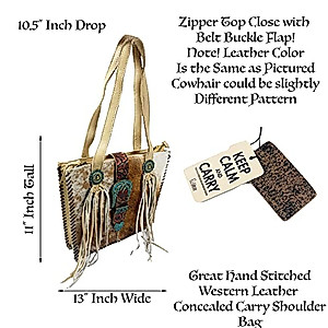 Urbalabs Western Cowhair Concealed Carry Shoulder Bag Buckle Fringe Purse Genuine Leather Handmade Stitched Handbag (Light Brown)