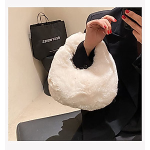 XPONNI Fuzzy Dumpling Bag, Cute Fluffy Bags, Cute Mini Handbags, Faux Fur Bag with Zipper, Soft Knotted Bag (off white)
