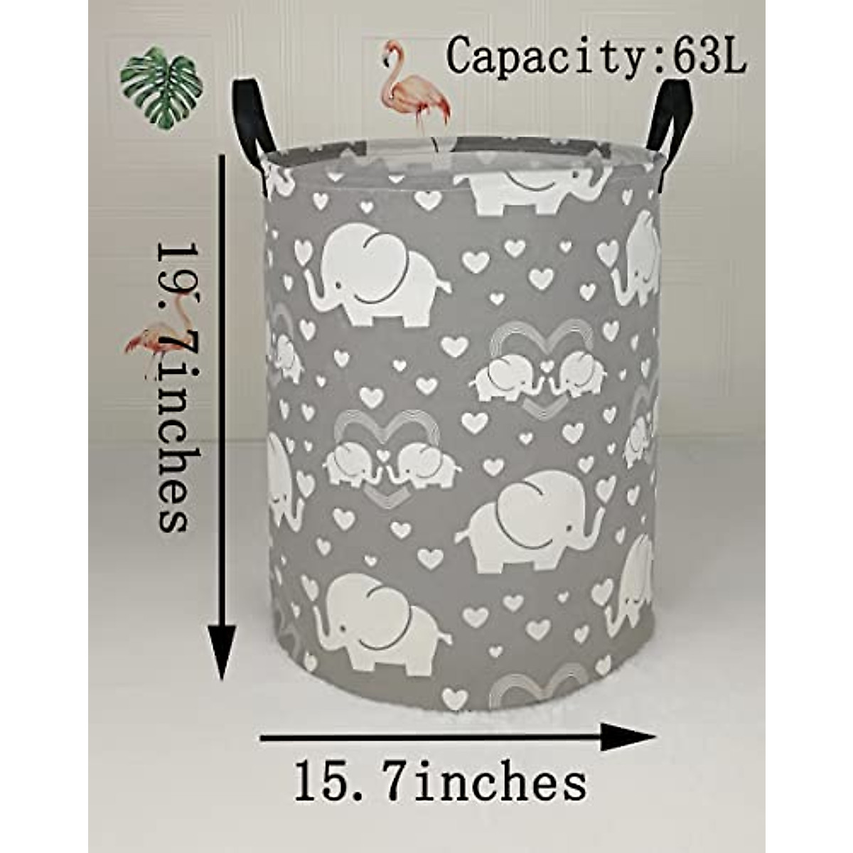 DUYIY 19.7 Inch Round Big Size Canvas Storage Basket with Handle Large Organizer Bins for Dirty Laundry Hamper Baby Toys Nursery Kids Clothes Gift Basket (heart elephant)