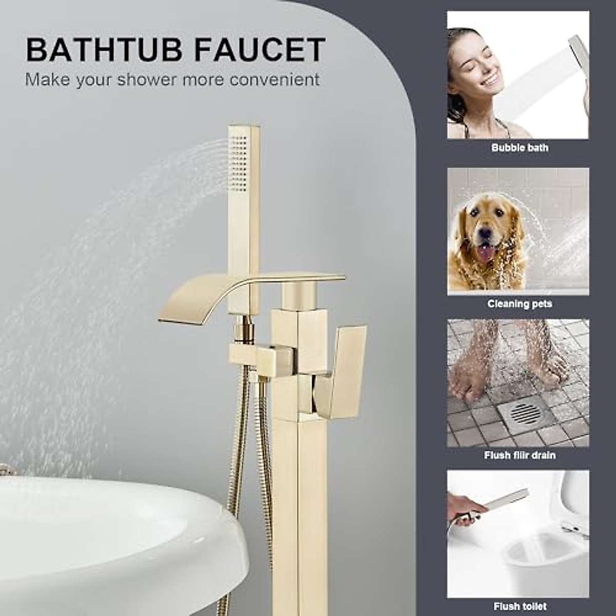 Senlesen Freestanding Bathtub Faucets Floor Mounted Tub Filler Faucet with Handshower Brushed Gold