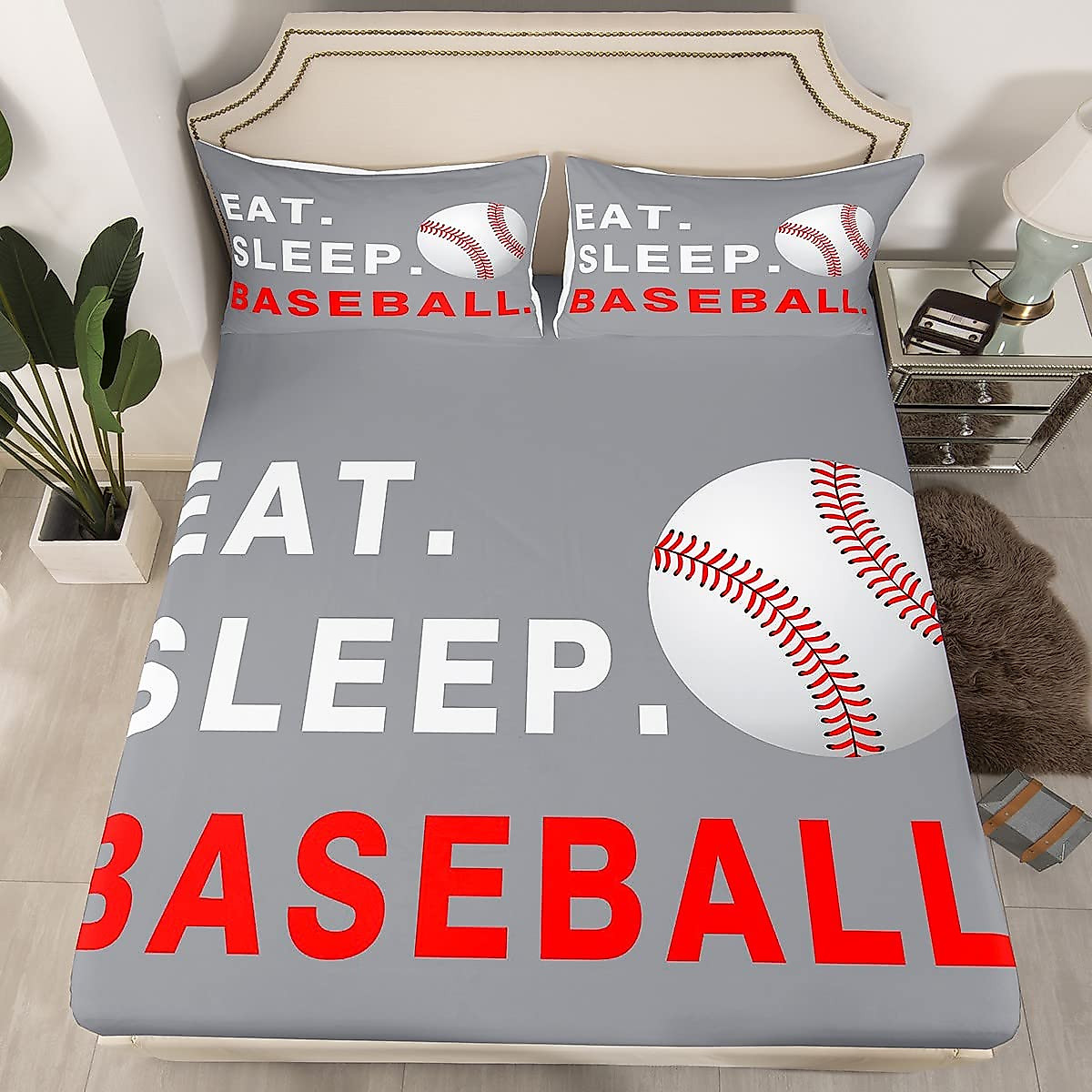 Baseball Bed Sheet Set Boys Ball Sports Theme Sheets Set Full Size for Kids Teens Ultra Soft Baseball Games Lover Sheets with Deep Pocket Fitted Sheet Gray Bed Set Room Decor