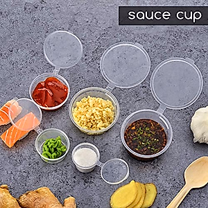 50Pcs 1.5oz / 40ml Plastic Condiment Souffle Containers - Leak Proof Portion Cup with Hinged Lid Perfect for takeaway deli condiments sauces dressings seasonings and other food storage - Flat