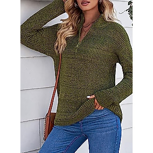 EVALESS Sweaters for Women Waffle Knit Long Sleeve Quarter Zip Pullover for Women Business Casual Fall Fashion Tops Winter Trendy Aestheic Teathcer Clothes V Neck Oversized Green Sweater,Samll Size
