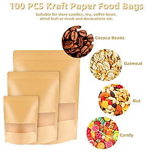 100 Pcs Kraft Stand Up Pouches 3.5 x 5.5 Inch Resealable Zip Lock Food Storage Bags with Matte Window for Packaging